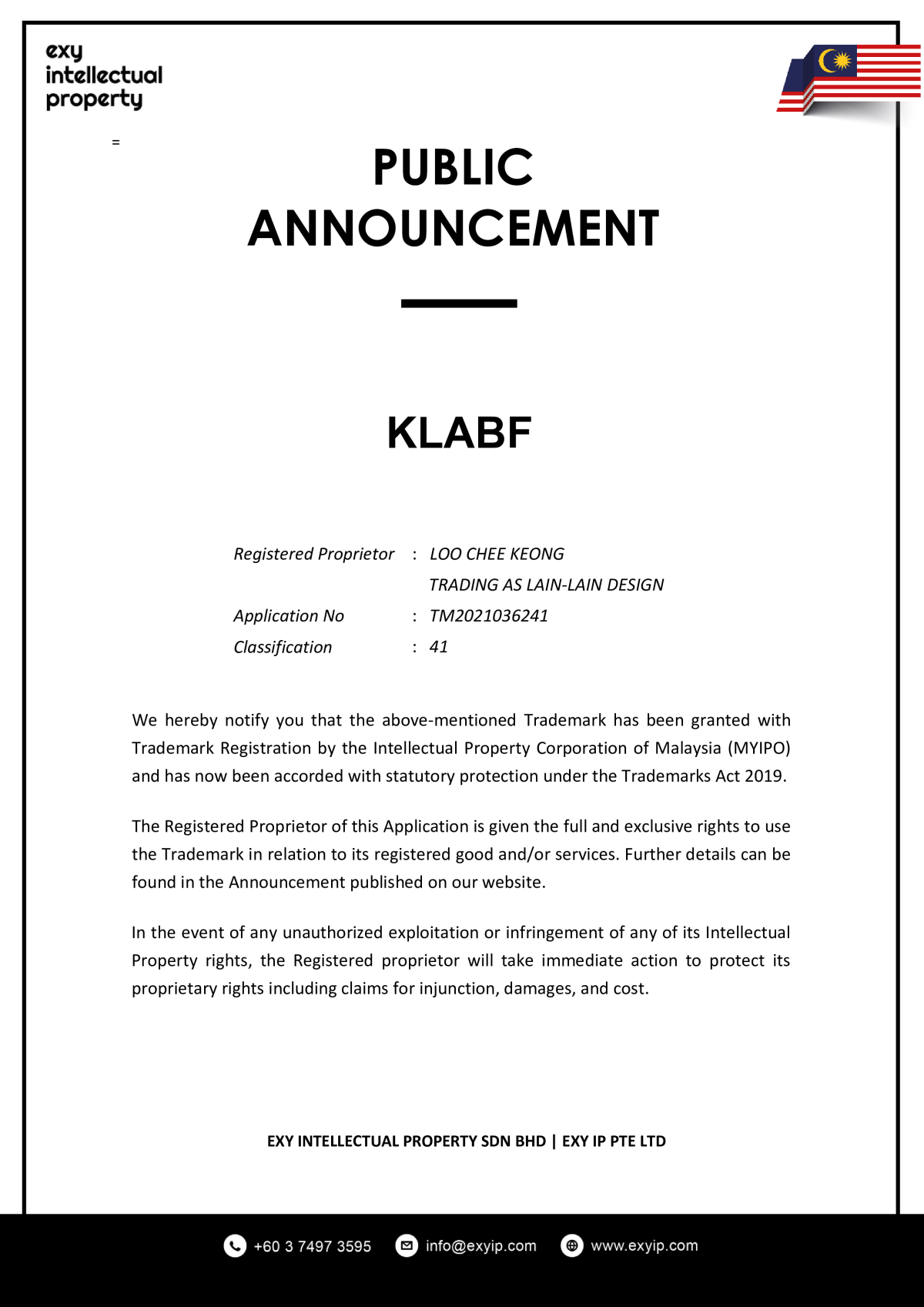 Successful Trademark Registration for Loo Chee Keong Trading! - ExyIp