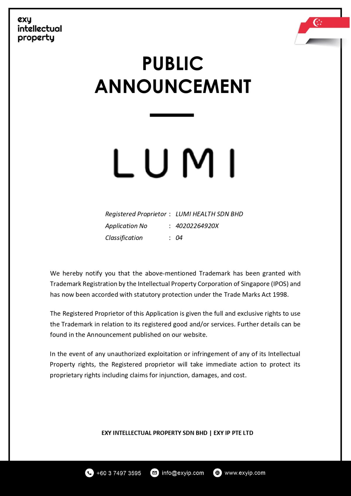 Successful Trademark Registration for Lumi Health Sdn Bhd! - ExyIp