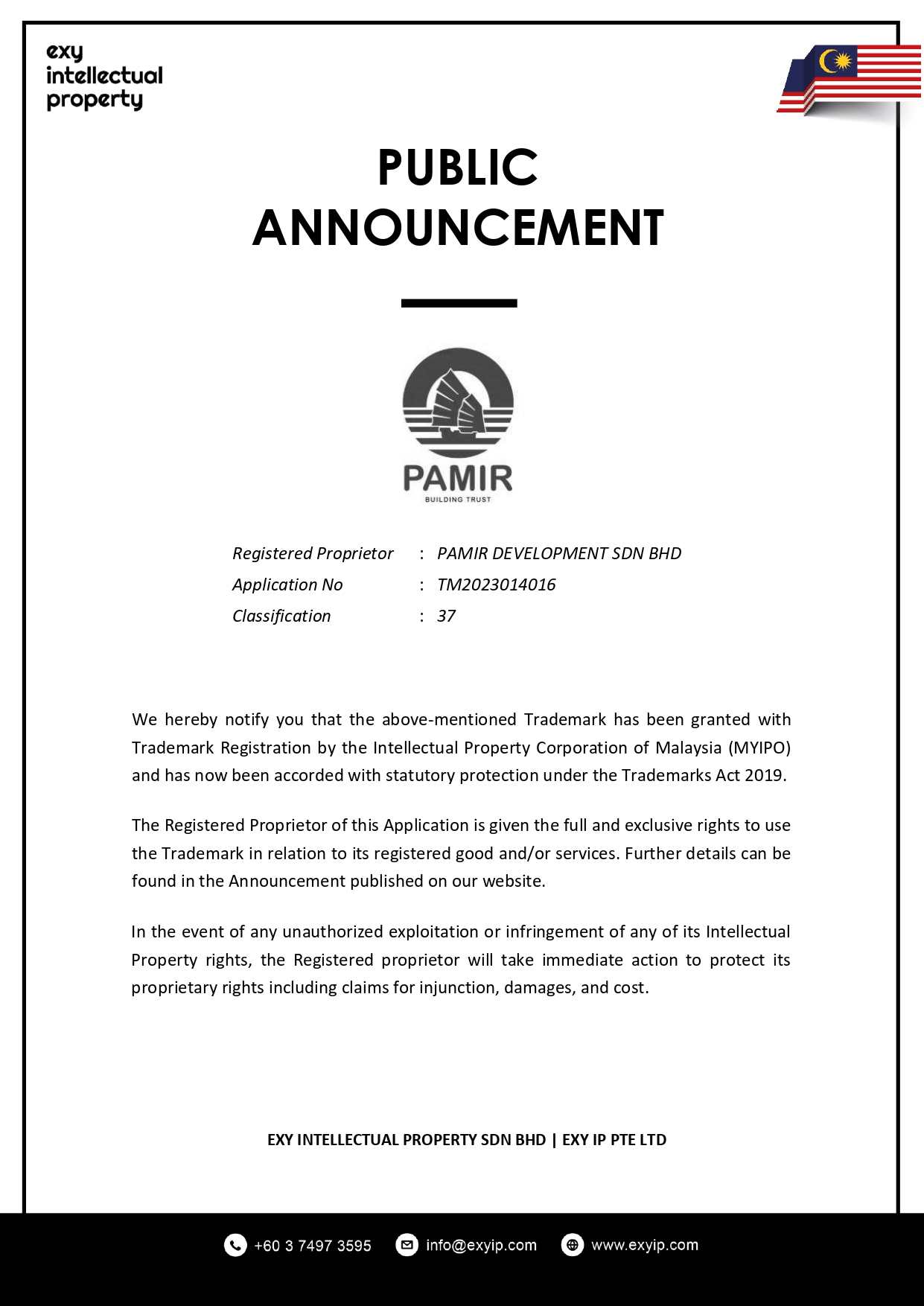 Successful Trademark Registration for Pamir Development! - ExyIp