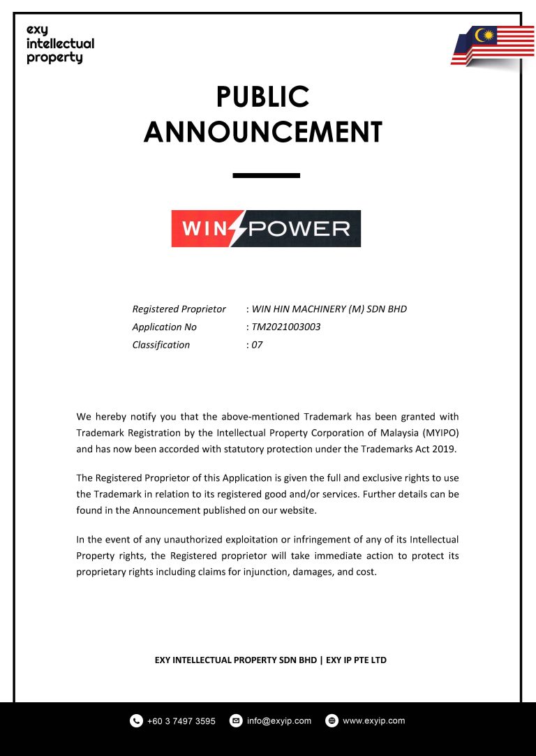 Successful Trademark Registration for Win Hin - ExyIp