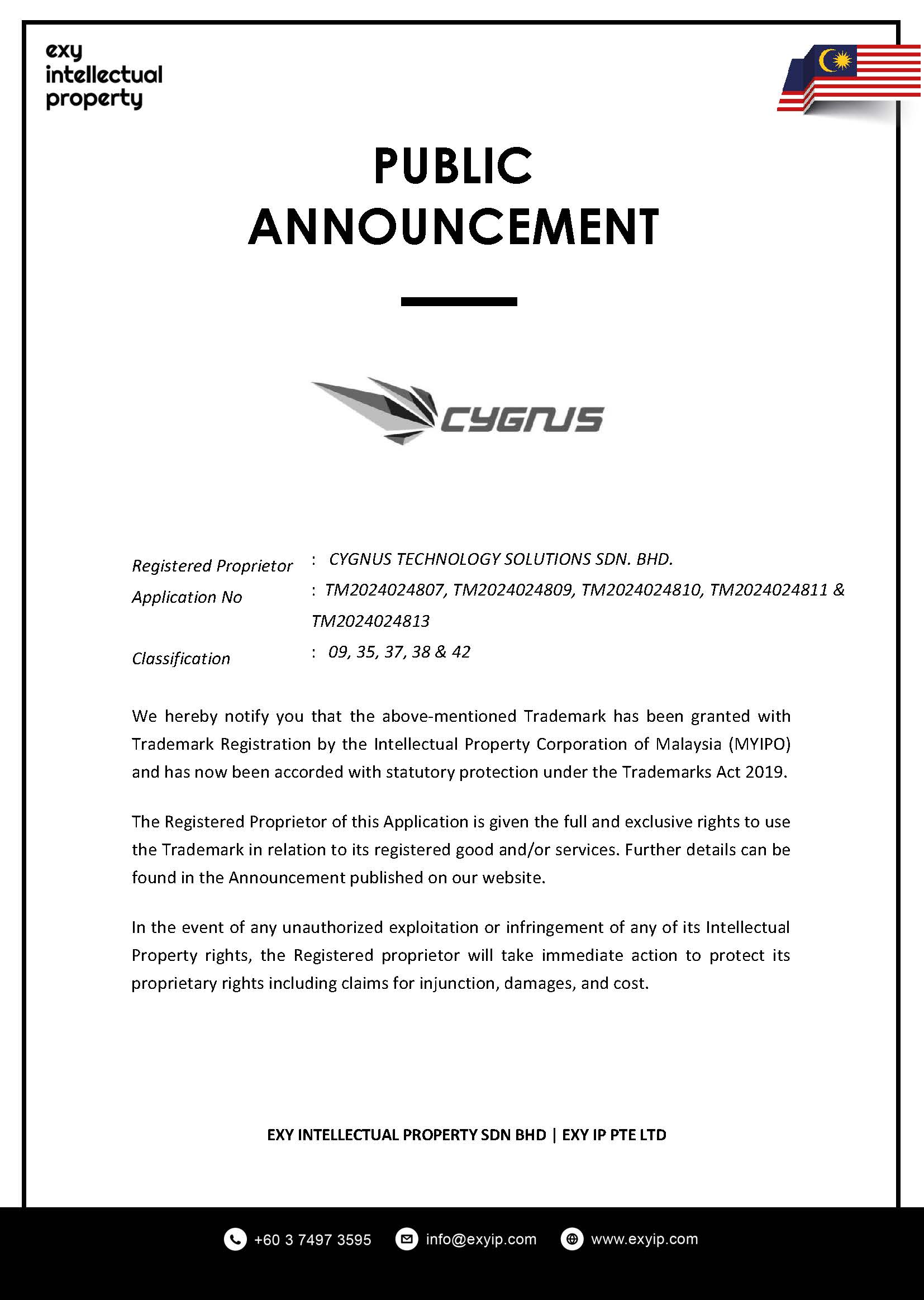 Successful Trademark Registration for Cygnus Technology - ExyIp