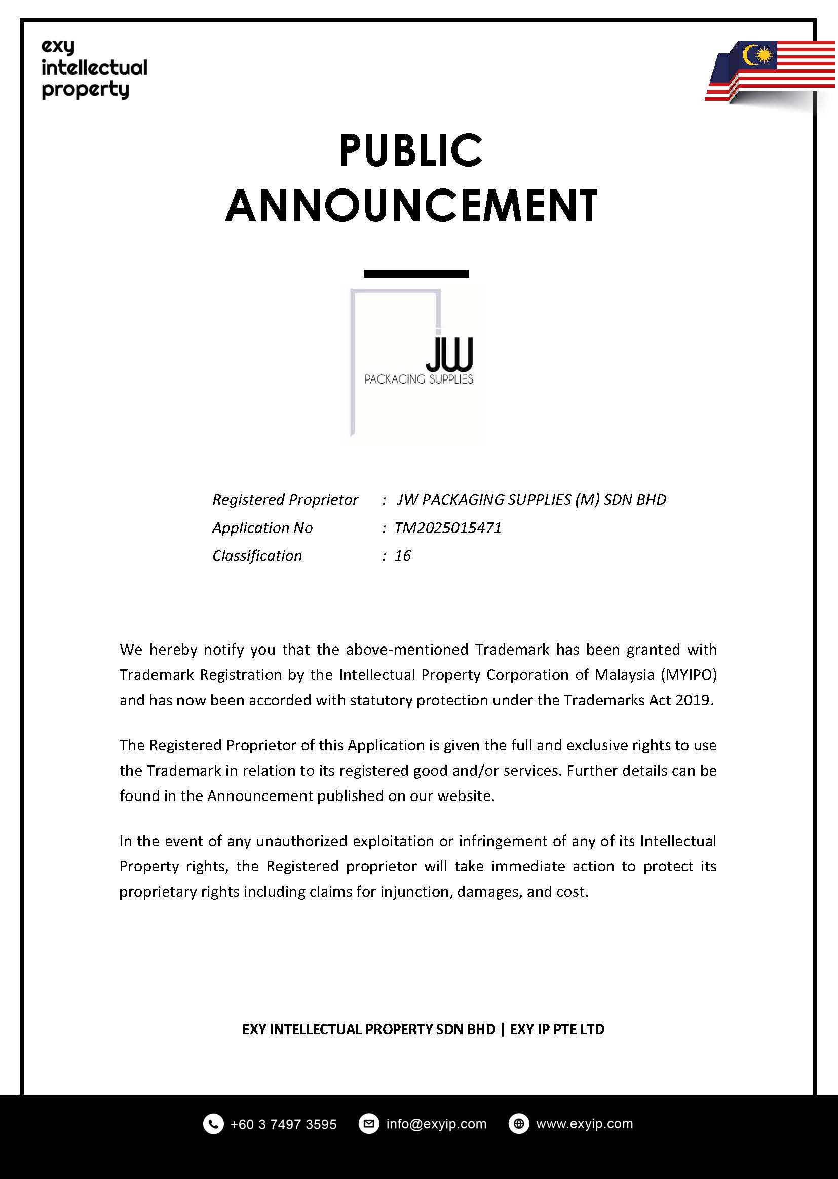 Successful Trademark Registration for JW PACKAGING - ExyIp